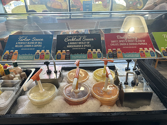The sauce station &ndash; where condiment dreams come true. Like a painter's palette, but for your seafood masterpiece.
