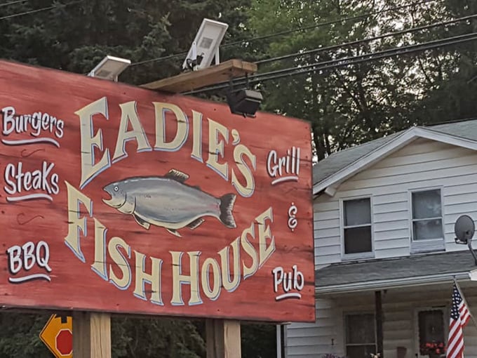 The sign says it all: burgers, steaks, BBQ, and fish&mdash;but we all know which one is the star of this show.