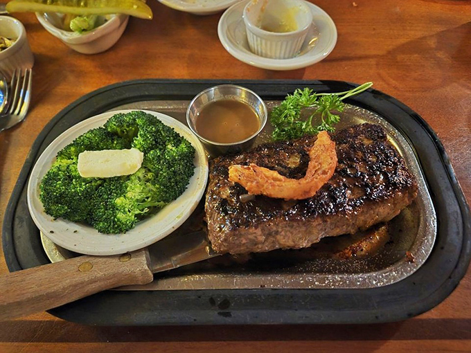 This sirloin with a side of broccoli represents the perfect compromise between "I should eat something green" and "But I came for the meat."