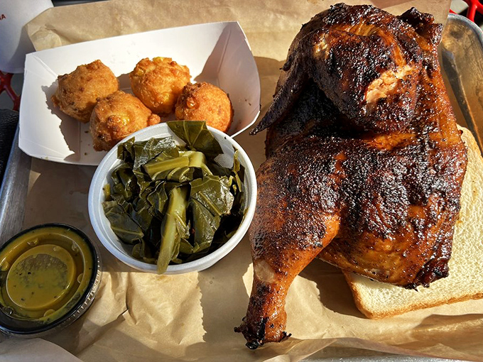 Smoked chicken that makes you question why you ever bothered with fried. That mahogany skin hides meat so juicy it should come with a warning.