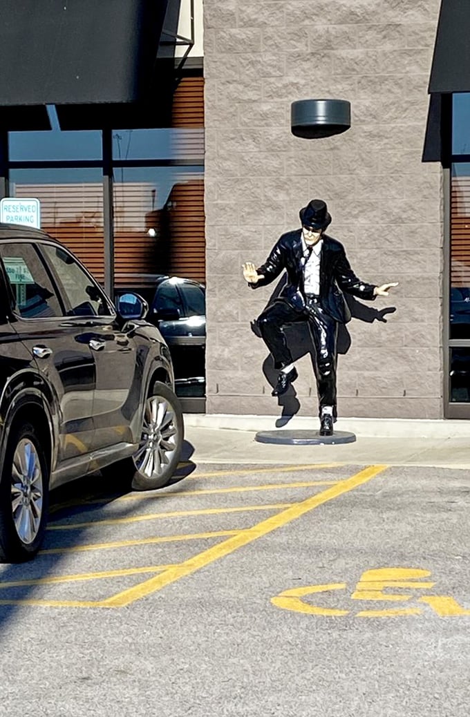 Blues Brothers statue outside says, "We're on a mission from God—to bring good seafood to Missouri." A playful touch of whimsy.