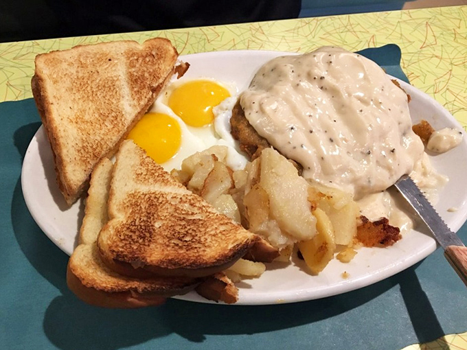 Breakfast of champions: country fried steak with gravy alongside sunny-side-up eggs and home fries&mdash;the kind of plate that fuels a day of Shenandoah Valley exploration.