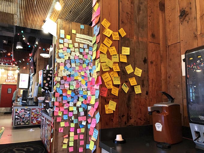 Each colorful Post-it represents someone who couldn't leave without saying thanks. A wall of tiny love letters to burgers done right.