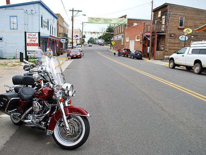 Floyd's main drag invites both motorcycles and memories. The wooden storefronts haven't changed much since your grandparents' road trips.