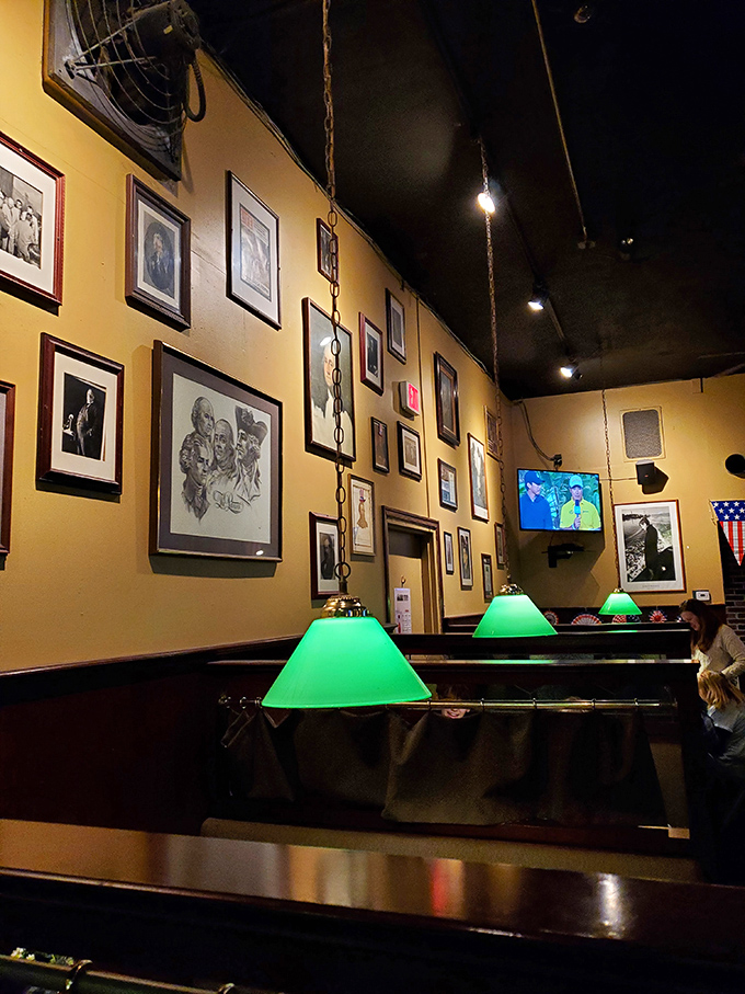 Presidential portraits watch over diners like secret service agents, making sure your meal is nothing short of executive privilege.