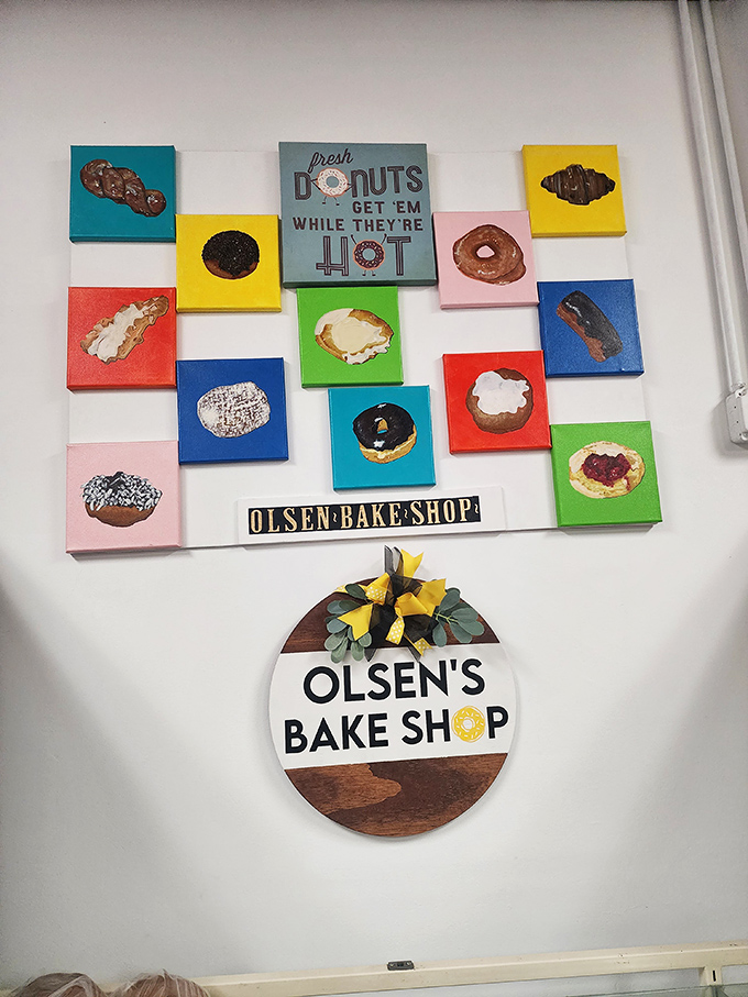 Wall art that speaks the truth&mdash;get 'em while they're hot! A colorful shrine to the circular wonders that have defined this bakery for generations.