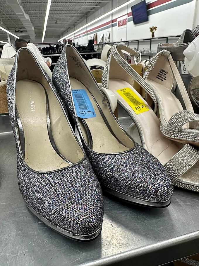 Sparkly heels lined up like soldiers ready for their next dance floor battle. Cinderella would have options here.