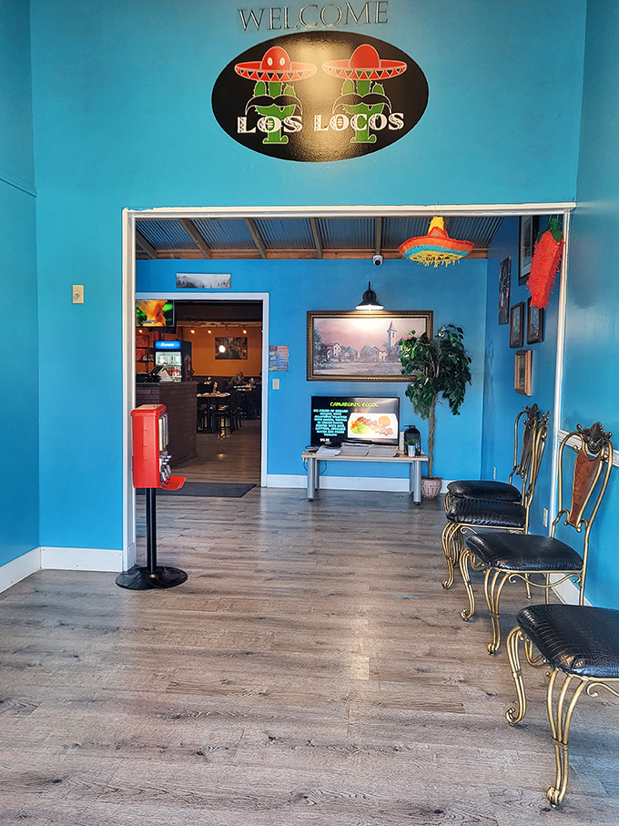 The entrance sets the tone with its vibrant blue walls and welcoming sombrero light fixture&mdash;like walking into your fun cousin's house who just happens to cook amazingly.