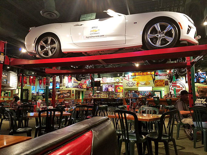 Cars and motorcycles hanging overhead create a surreal automotive ballet, transforming what could be kitsch into something genuinely fascinating and fun.