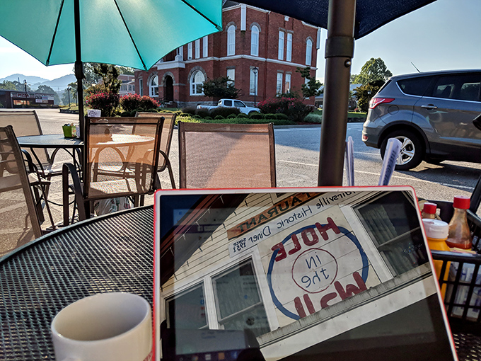 Outdoor seating with a view of Blairsville's historic courthouse&mdash;breakfast with a side of small-town charm.