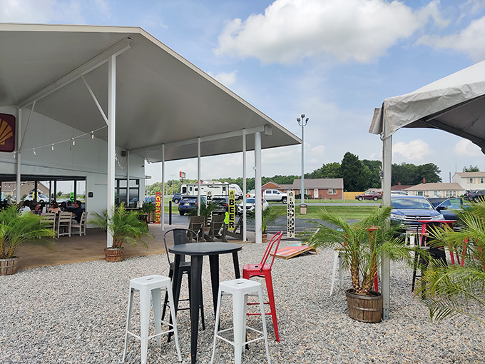 Al fresco dining, Delaware-style. Simple tables, colorful chairs, and the promise of seafood under open skies.