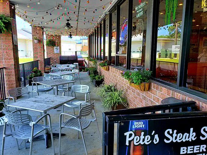 The patio offers al fresco dining with twinkling lights, perfect for savoring a cheesesteak while enjoying Rehoboth's gentle evening breezes.