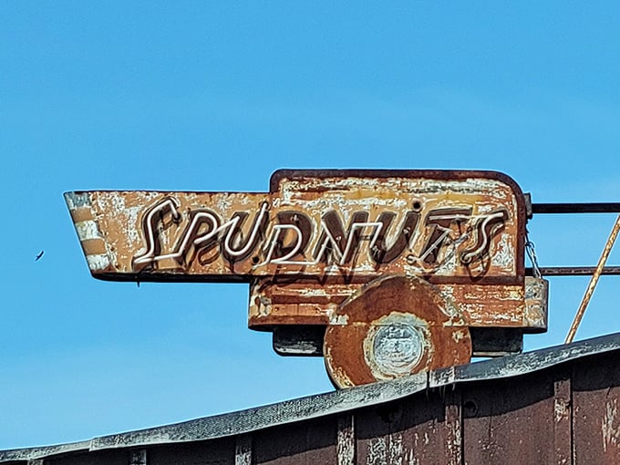 This vintage sign has weathered decades, guiding hungry pilgrims to their potato-flour promised land since the mid-20th century.