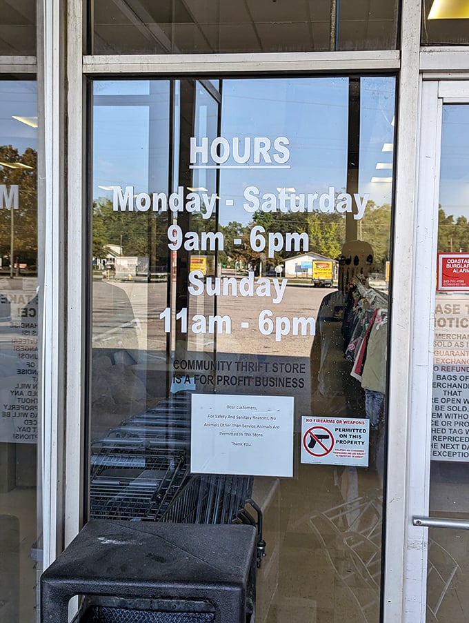 The store hours sign—your guide to treasure hunting times. Plan your expedition accordingly; the early bird catches the vintage worm.