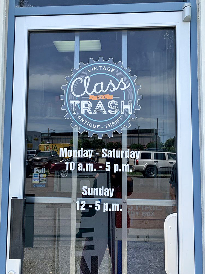 The door promises reasonable hours for unreasonable obsessions&mdash;a vintage hunter's schedule that respects both the early bird and the Sunday bruncher.