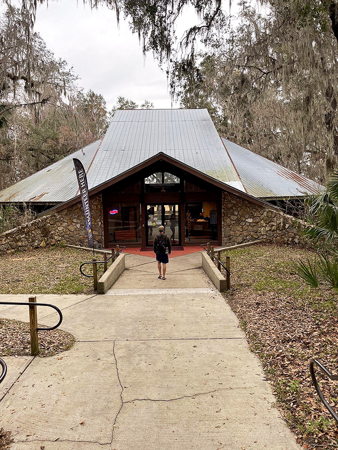 The visitor center welcomes nature enthusiasts with its distinctive A-frame design, promising adventures and air conditioning in equal measure.