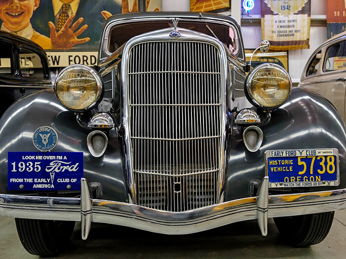 Face-to-face with automotive royalty: This 1935 Ford's elegant grille resembles an Art Deco skyscraper turned horizontal, commanding respect even when standing still.