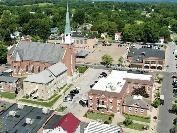 From above, Ste. Genevieve reveals its perfect town square design, with the church spire punctuating a landscape that hasn't changed much in centuries.