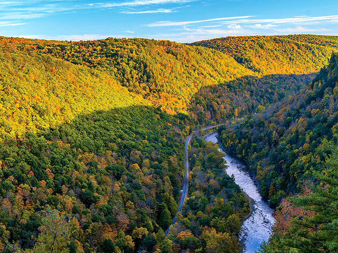 The Pennsylvania Grand Canyon reveals its autumn splendor, with the winding Pine Creek and road below providing scale to this magnificent gorge.