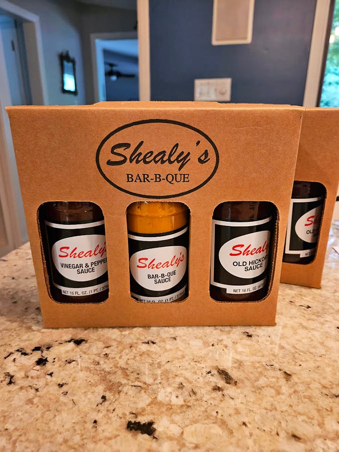 Sauce diplomacy in a box. Take home the trinity of Shealy's barbecue sauces and avoid the inevitable withdrawal symptoms when you leave.