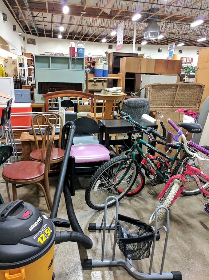 Bicycles and vacuum cleaners share floor space in the "good intentions" section&mdash;where exercise equipment and cleaning supplies find temporary homes.