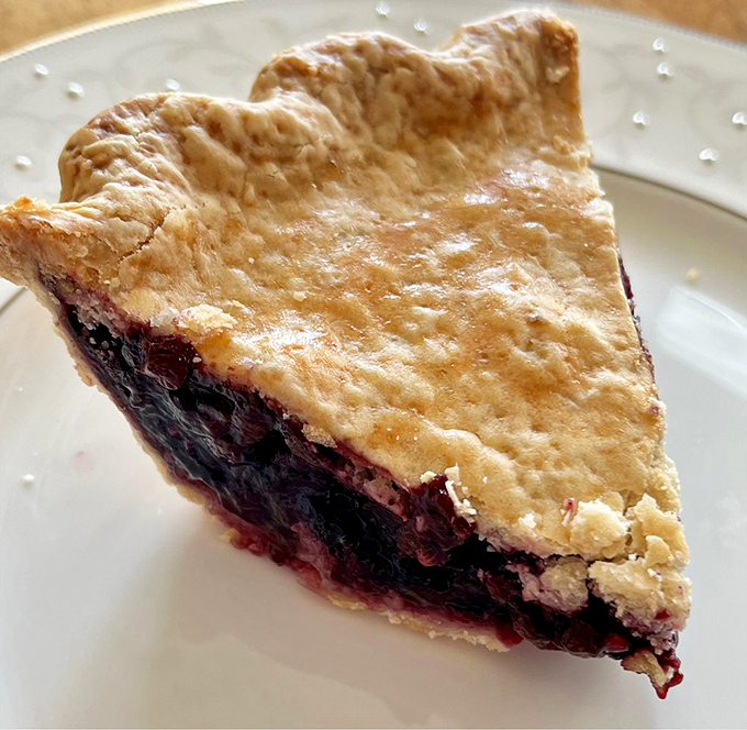 This Wild Maine Blueberry slice showcases nature's perfect fruit suspended in a matrix of sweetness, bordered by a crust that shatters with satisfying precision at the touch of a fork.