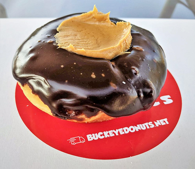 The namesake Buckeye donut&mdash;chocolate-dipped with a peanut butter crown&mdash;is Ohio state pride in edible form. Go Bucks indeed!