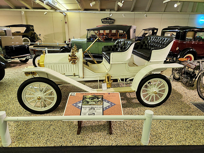 The elegant white 1910 Buick sits like automotive royalty, its brass fittings and wooden wheels speaking of an era when cars were handcrafted treasures.
