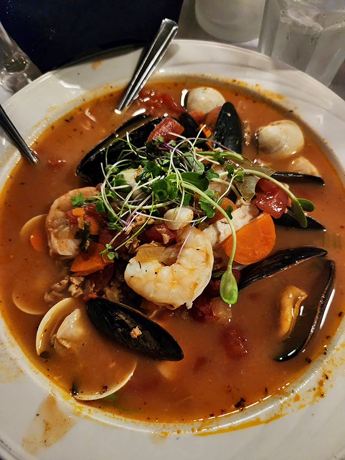 The cioppino arrives like an aquatic United Nations, with representatives from various ocean neighborhoods playing nicely together.