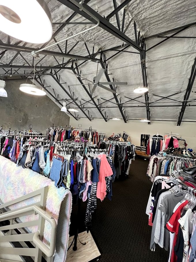 The clothing section: where patience rewards the persistent. Hidden between the racks are designer labels just waiting for their Cinderella moment.