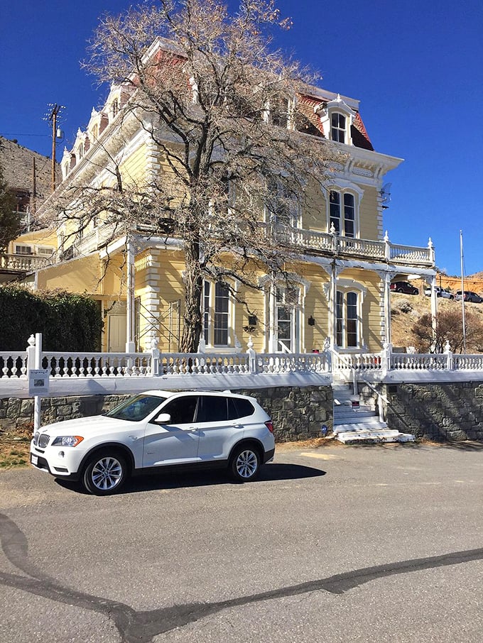 The same yellow mansion from another angle, standing proudly against the hillside. Winter's bare branches frame this architectural gem perfectly.