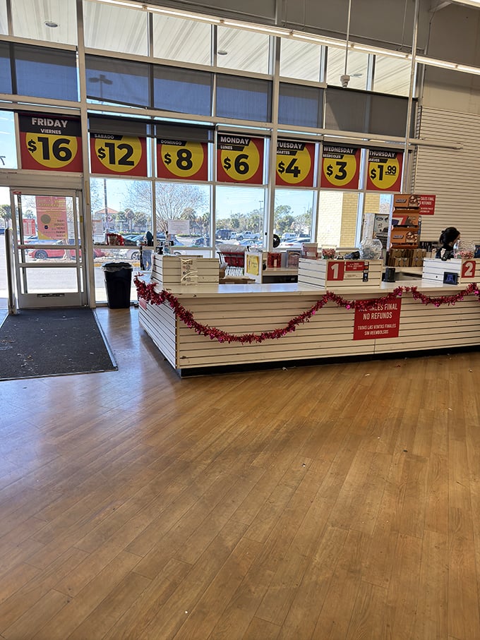The checkout counter&mdash;the final frontier between you and victory. That sign says there's a card fee, but the savings make it worthwhile.