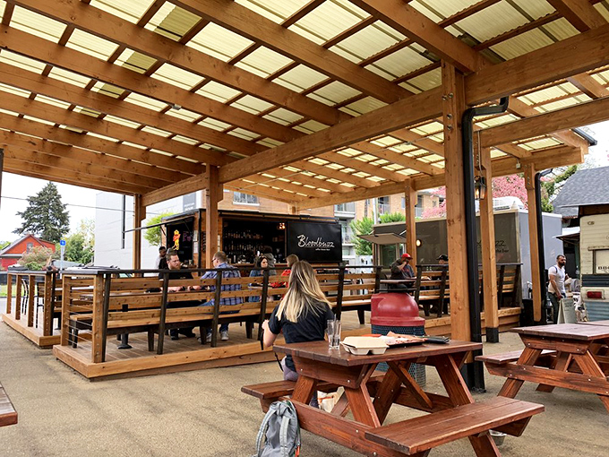The covered dining area offers shelter from Portland's notorious drizzle. Because rain shouldn't come between you and transcendent barbecue.