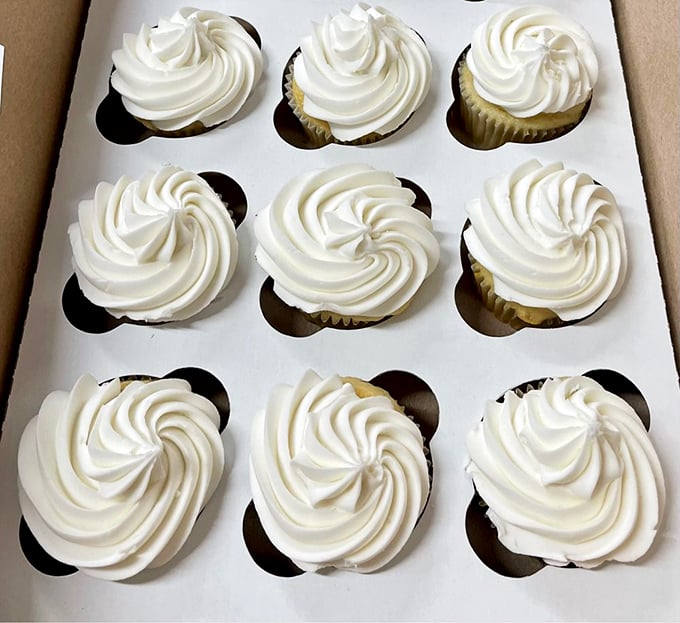 Cupcakes with perfect spiral crowns of frosting—the royalty of the bakery case, their swirls defying gravity and common sense.