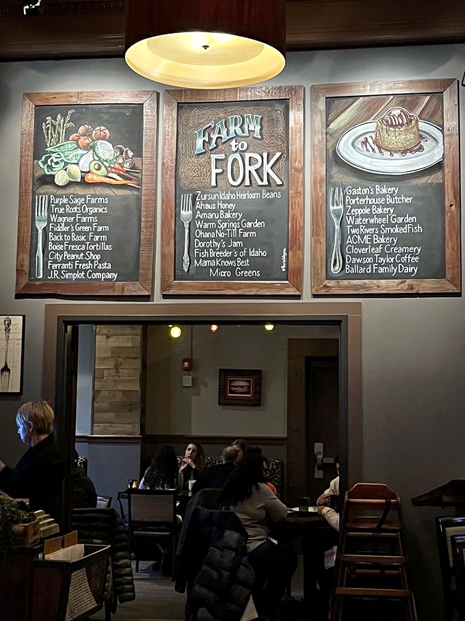 The "Farm to Fork" boards proudly display local partners, proving that good relationships make for even better meals.