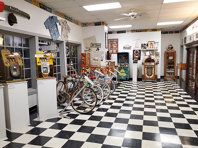 The black-and-white checkered floor isn't just decoration—it's the perfect dance floor for these two-wheeled beauties and vintage jukeboxes.