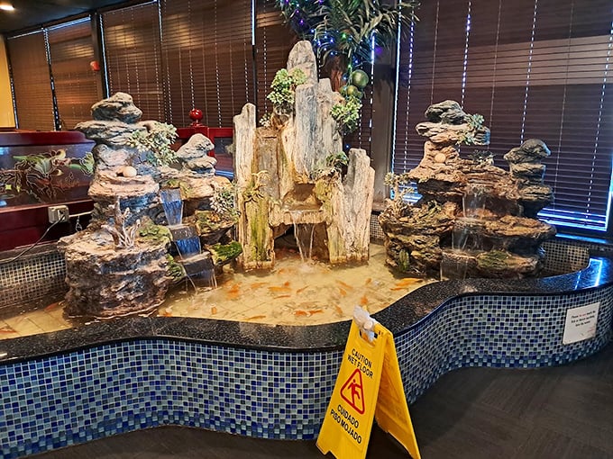 The decorative fountain adds a touch of Zen tranquility. Because nothing aids digestion like the soothing sounds of artificial waterfalls.