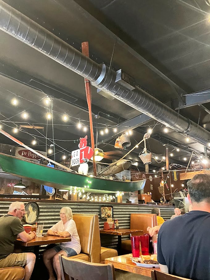 Industrial meets comfortable with exposed ductwork overhead and good conversation below. BBQ brings people together across generations.