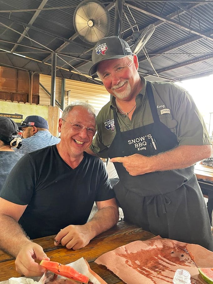 When barbecue celebrities meet barbecue legends, the only appropriate response is the smile of someone who knows they're about to eat something extraordinary.