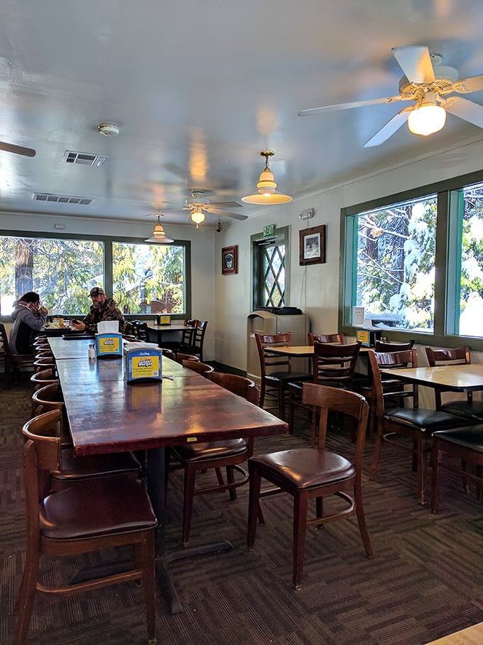 The dining room offers views of towering pines while you tackle towering burgers. Those ceiling fans have witnessed countless "first bite" faces of pure bliss.