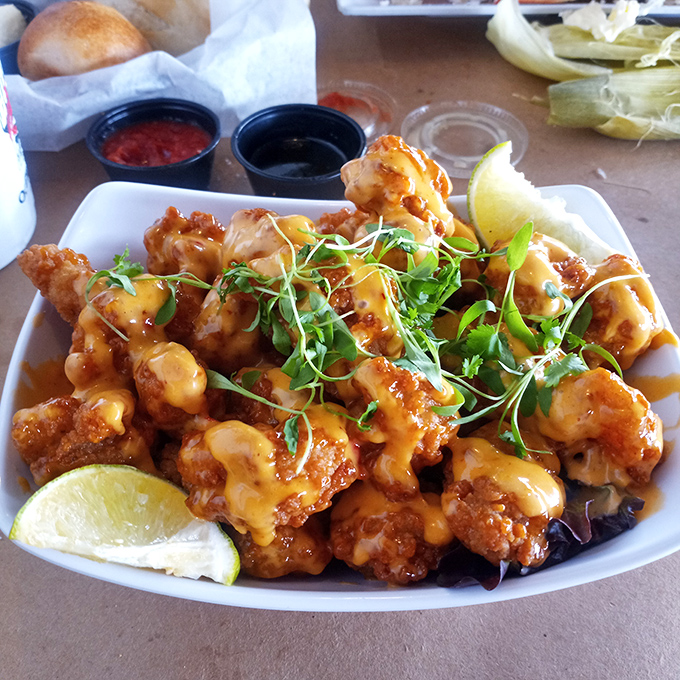 Bang Bang Shrimp with enough sauce to make you forget your table manners. These crispy morsels topped with microgreens show Route 40 Diner isn't stuck in the culinary past.