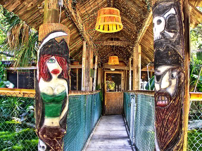 The entrance walkway feels like the start of a delicious adventure, with pirate-themed carvings setting the stage for seafood treasure ahead.