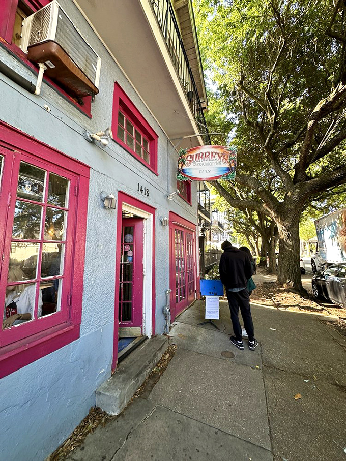 The entrance to breakfast paradise is painted the color of sky and framed in hot pink&mdash;subtlety isn't on the menu.