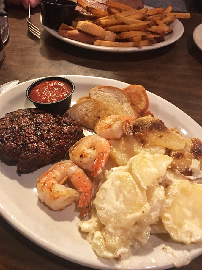 Surf meets turf in the most delicious d&eacute;tente imaginable&mdash;tender steak, plump shrimp, and potatoes that clearly weren't born in a freezer.