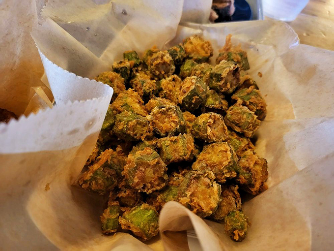 Fried okra that defies the vegetable's slimy reputation, transformed into crispy, poppable bites that even okra skeptics will fight over.