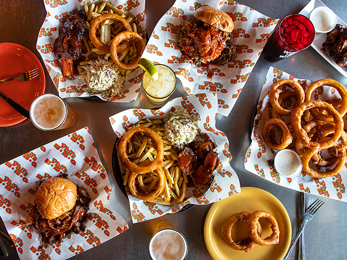 BBQ abundance that makes your eyes widen and your stomach cheer. This spread isn't a meal&mdash;it's a celebration on wax paper.