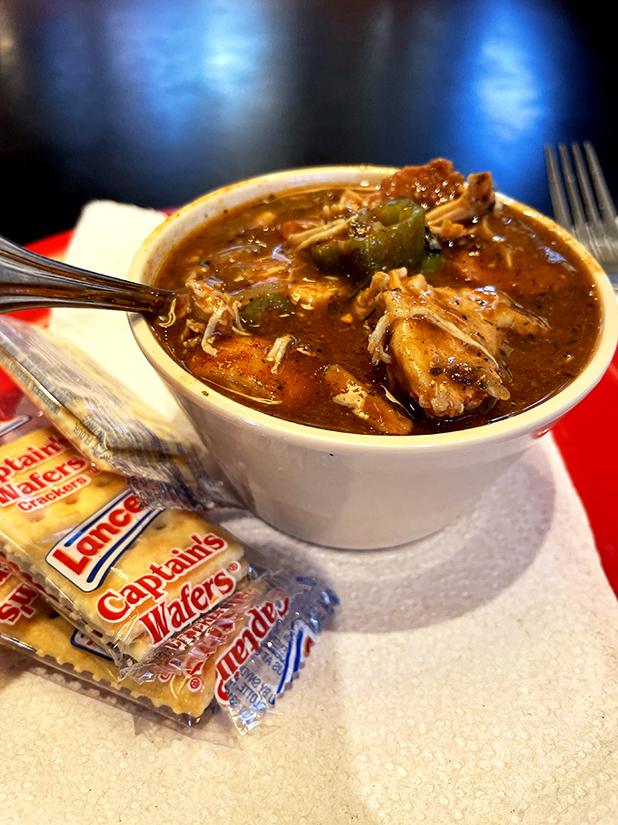 This isn't just soup&mdash;it's a spicy, smoky gumbo where pulled pork swims happily with vegetables in a rich, dark roux sea.