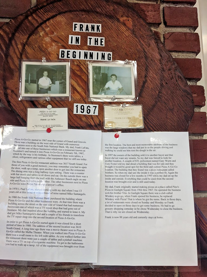 "Frank in the beginning" &ndash; the history display reveals Pizza-A-Go-Go's origin story as a genuine piece of St. Louis culinary heritage.