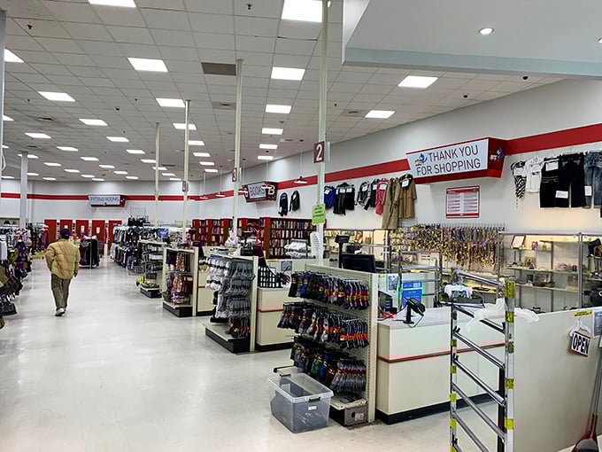 Near the checkout, shoppers make final discoveries while staff efficiently keep merchandise moving—retail choreography at its finest.