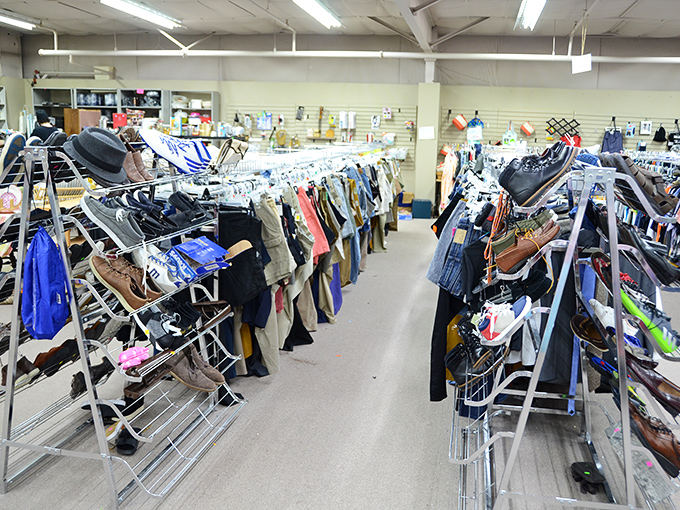 Men's clothing arranged with surprising precision, where vintage finds and contemporary styles coexist in peaceful, affordable harmony.